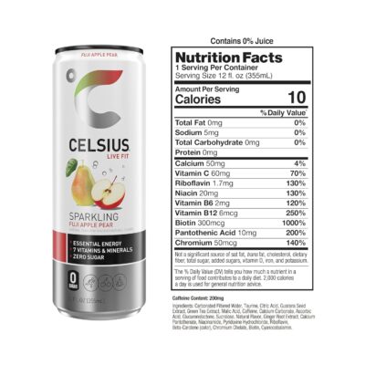 CELSIUS SPARKLING FUJI APPLE PEAR FUNCTIONAL ESSENTIAL ENERGY DRINK CAN ...