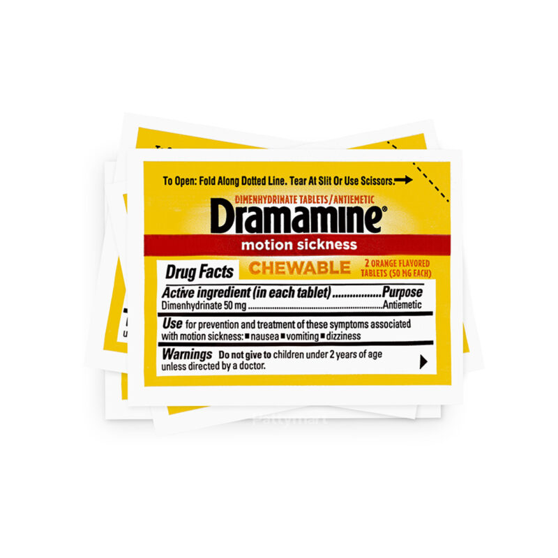 DRAMAMINE MOTION SICKNESS RELIEF DISPENSER BOX 50/2 CHEWABLE TABLETS ...